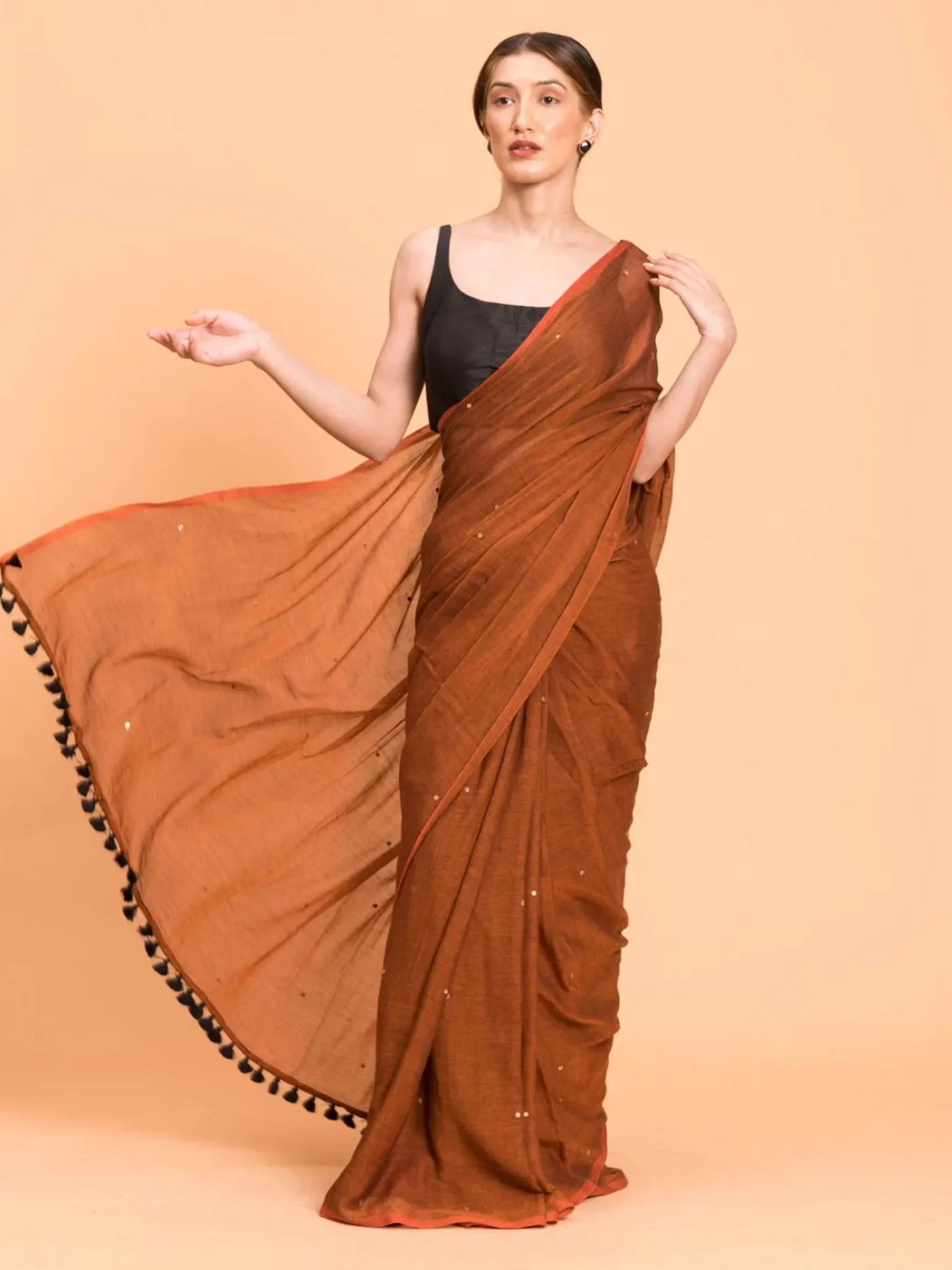 Rust Brown Embellished Pure Cotton Saree without Blouse - SutiSaree