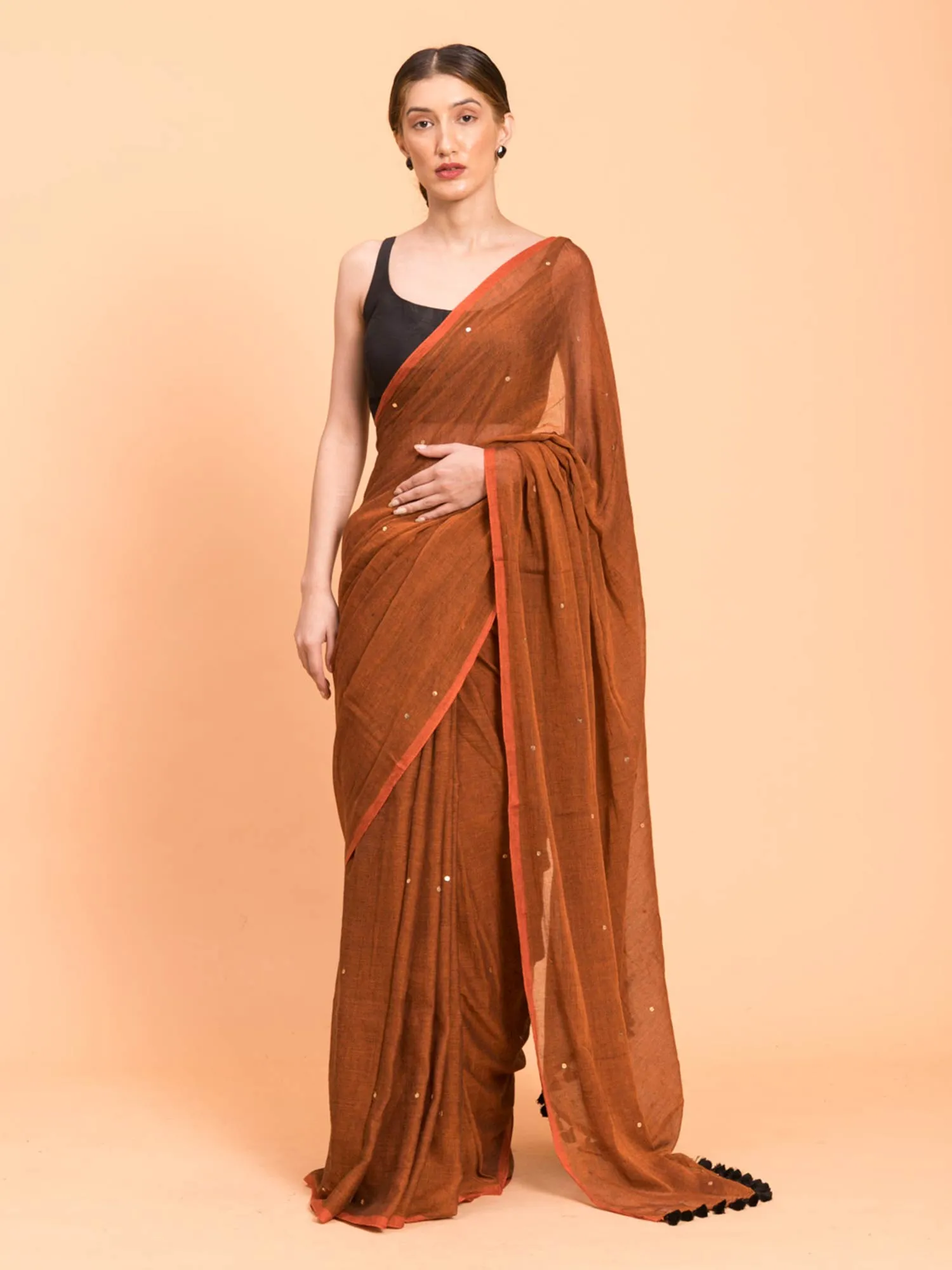 Rust Brown Embellished Pure Cotton Saree without Blouse - SutiSaree